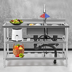 Commercial Restaurant Sink,Stainless Steel Utility Sink Free-standing Kitchen Sink,Double Bowl Kitchen with Strainer, 201 Stainless Steel Freestanding Kitchen,Hand Washing Sink with Side Splashes