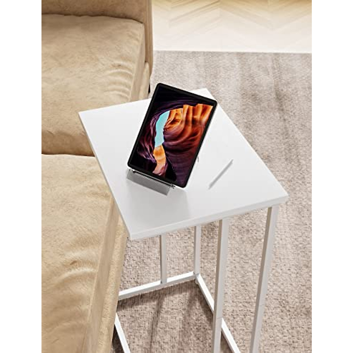 Innerjoin Wide C Side Table,C Couch Table with Metal Frames, Small Snack End Table for Couch and Bed, Retro Laptop C Table, Living Room and Bedroom, Industrial Style, White