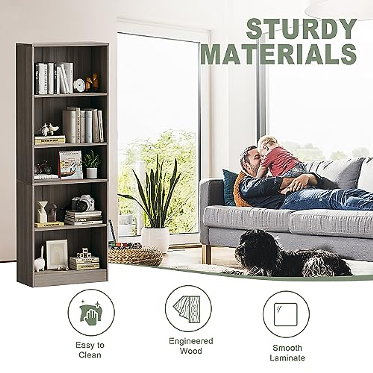 VICLLAX 5-Shelf Wood Bookcase, Narrow Adjustable Open Bookshelf, Tall Display Storage Shelf for Living Room, Bedroom, Kids Room, Office, Grey