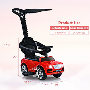 Costzon Push Cars for Toddlers, 3 in 1 Bentley Stroller Sliding Walking Car w/Canopy, Handle, Safety Bar, Cup Holder, Music, Underneath Storage, Foot-to-Floor Ride On Toy for Boys & Girls, Red