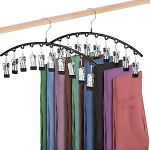 2 Pack Legging Organizer for Closet Hanging, Stainless Steel Clips Hangers for Pants with 10 Clips, Heavey Duty Legging Hangers for Closet Jeans Skirts Bras (Black)