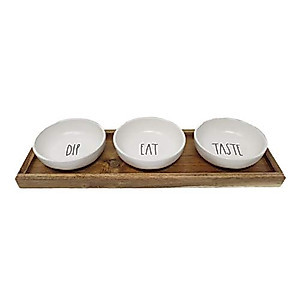 Rae Dunn By Magenta 4 Piece DIP EAT TASTE Ceramic LL Dip Bowl Serving Platter Set With Wood Tray 2019 Limited Edition