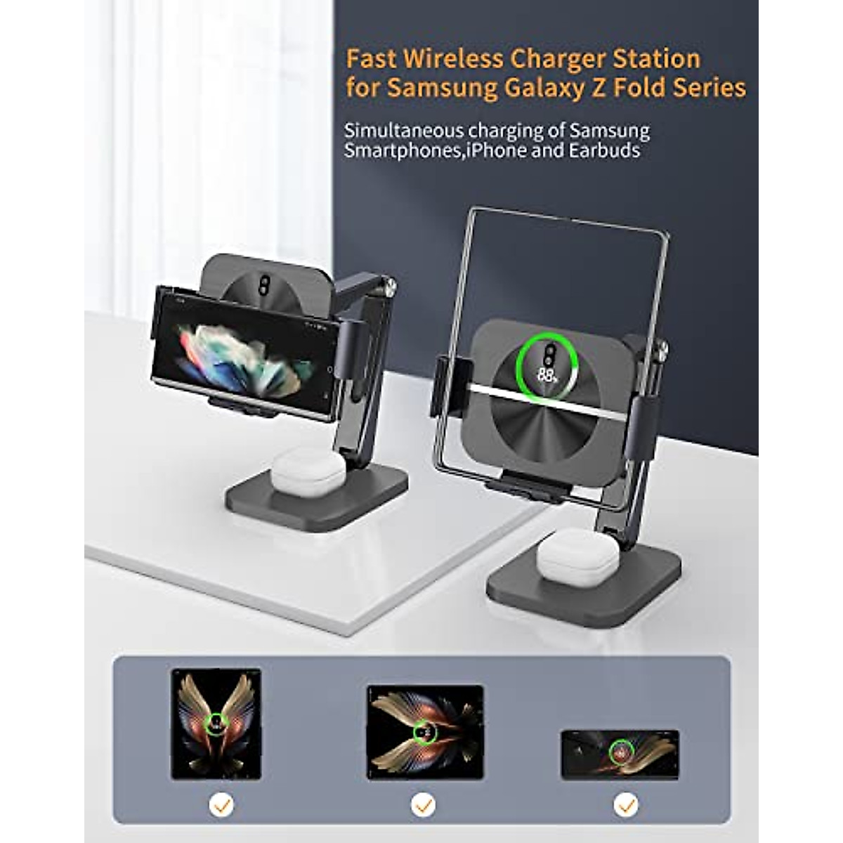 MAKAQI Wireless Charging Station for Z Fold 4/3/2, [3 Coils] 2 in 1 Fast Wireless Charger Stand for Samsung Galaxy Z Fold Series, Galaxy Buds 2 Pro/Buds Pro/Buds 2 / Buds Live