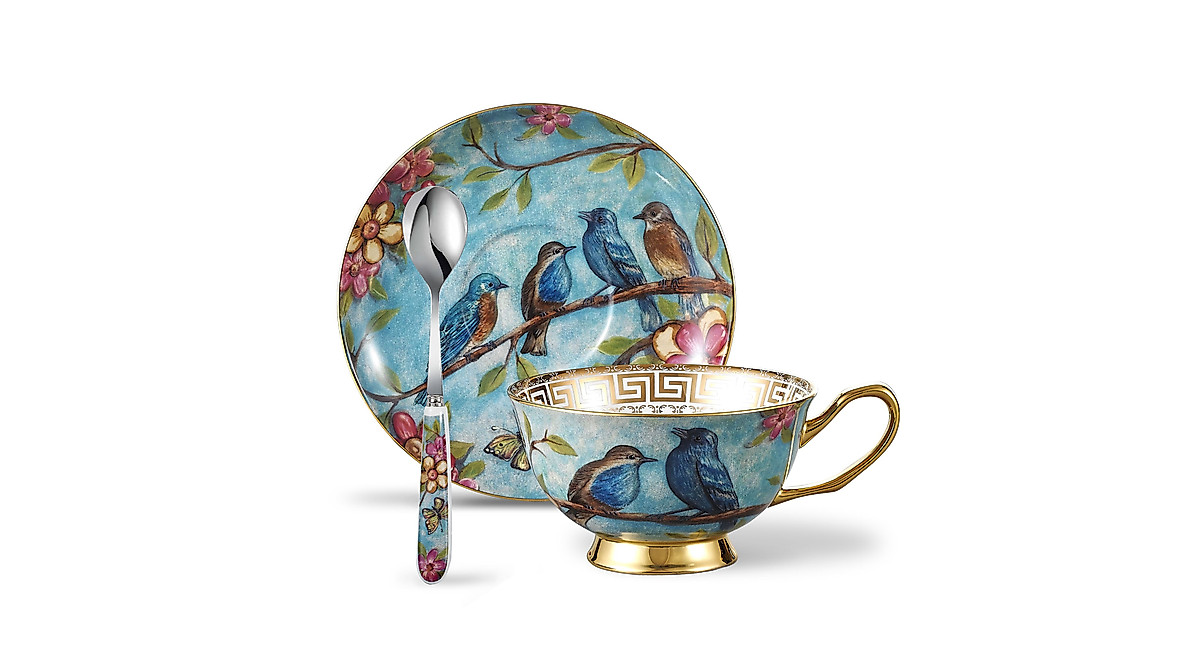 Panbado 3 Piece Bone China Tea Cup Saucer Set with Spoon Porcelain Gold ...