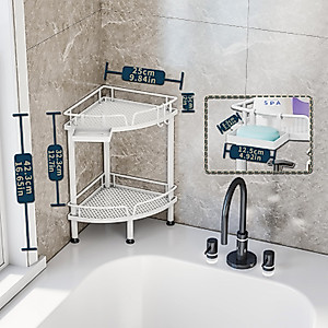 Consumest Corner Shower Caddy Stand - 2 Tier Shower Organizer with Soap Holder, Standing Tall Floor Shower Stand with Adjustable Feet & 2 Hooks, Shower Shelf Rack Storage for Bathroom White