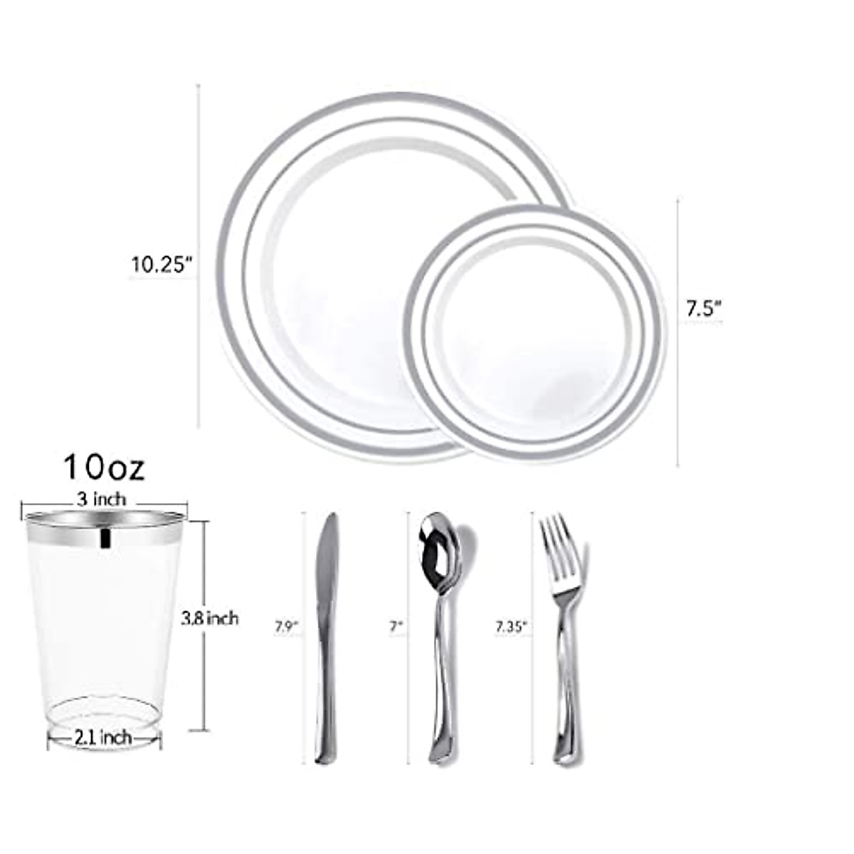 700 Piece Silver Dinnerware Set - 200 Silver Rim Plastic Plates - 300 Silver Plastic Silverware - 100 Silver Plastic Cups - 100 Linen Like Silver Napkins, 100 Guest Disposable Silver Dinnerware Set