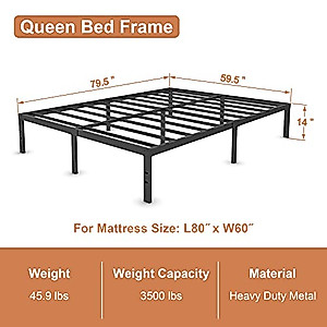 Umyder Queen Size Bed Frame with Steel Slats Support,Sturdy and Durable No Box Spring Needed 14 Inch High Metal Iron Platform Bedframes Black Heavy Duty 3500lbs,Noise Free,Easy Assembly