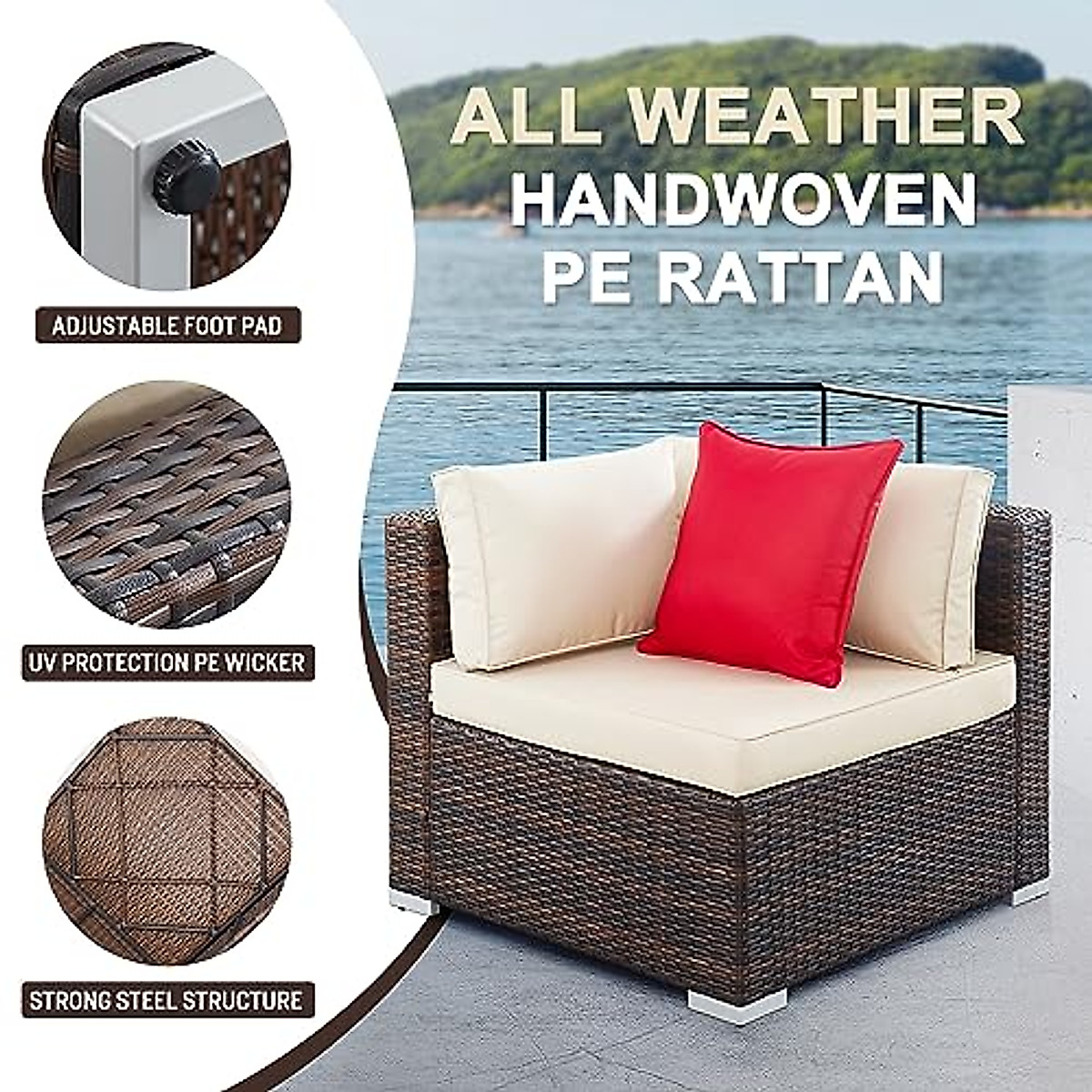 Patio Furniture Set - 7 Piece Wicker Furniture Sets - Patio Sectional Sofa All Weather Outdoor Sectional Patio Sofa - Brown PE Rattan Patio Conversation Set with Coffee Table and Beige Cushion