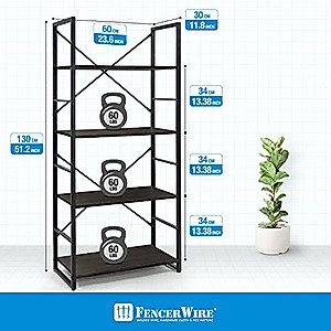 Fencer Wire 4 Tier Free Standing Shelf, 24 Inch Width Bookshelf, Bookcase Shelf Storage Organizer, Industrial Book Shelves for Home Office, Living Room, Kitchen, Black Wooden Shelves & Metal Frame
