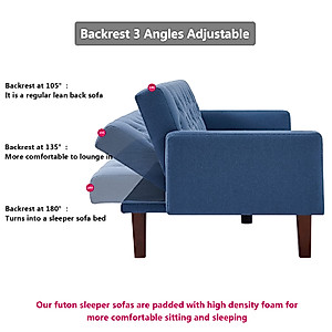 mikibama Tufted Linen Futon Sofa Couch Bed for Living Room Convertible Fabric Blue Upholstered Sleeper Futon Guest Bed Twin Size with Solid Wood Legs for Small Spaces