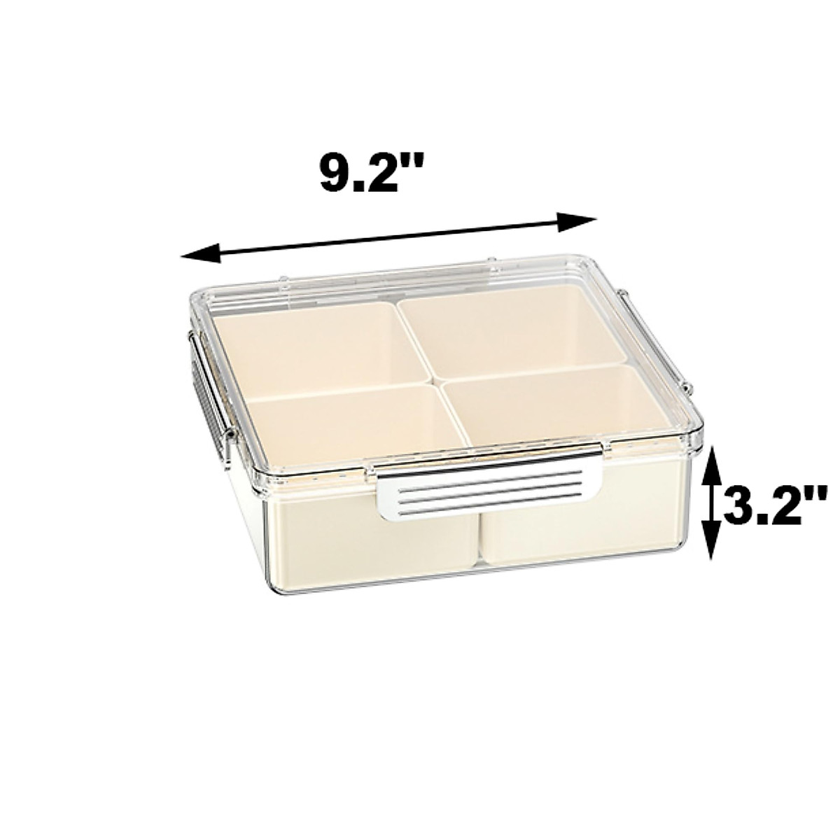 Beige Silver Square Plastic Divided Serving Tray with Lid, 4 Compartments Snack Tray Serving Platter for Biscuits, Fruit, Veggie, Candies and Hot Pot