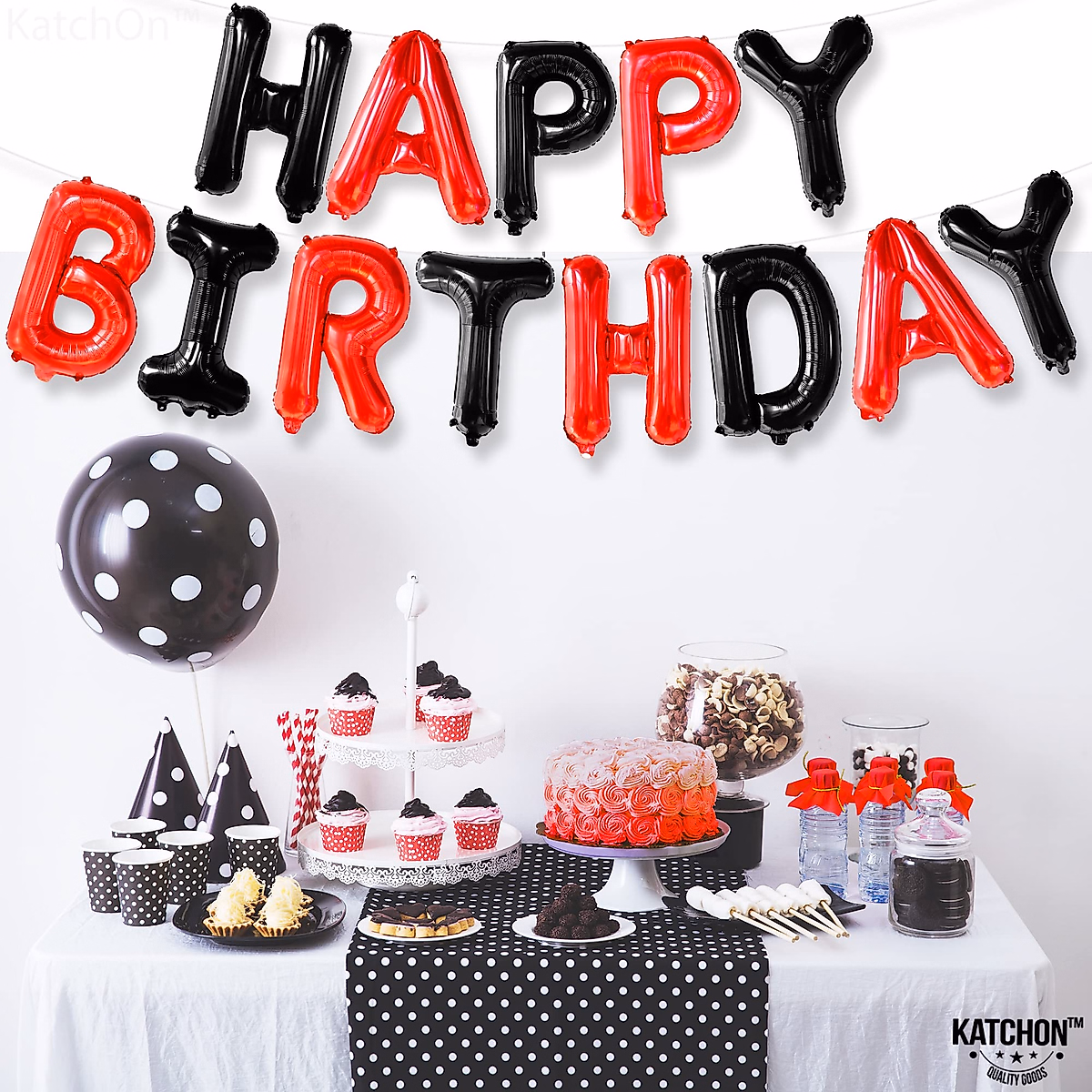 KatchOn, Red and Black Happy Birthday Banner - 16 Inch | Red and Black Birthday Decorations | Red and Black Happy Birthday Balloons Letters for Red And Black Party Decor | Happy Birthday Decorations