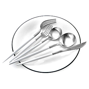Gugrida White Silver Flatware, Royal 5-Piece Matte White Handle 18/10 Stainless Steel Tableware Sets for 1 Including Forks Spoons Knives, Camping Silverware Travel Utensils Set Cutlery (White Silver)