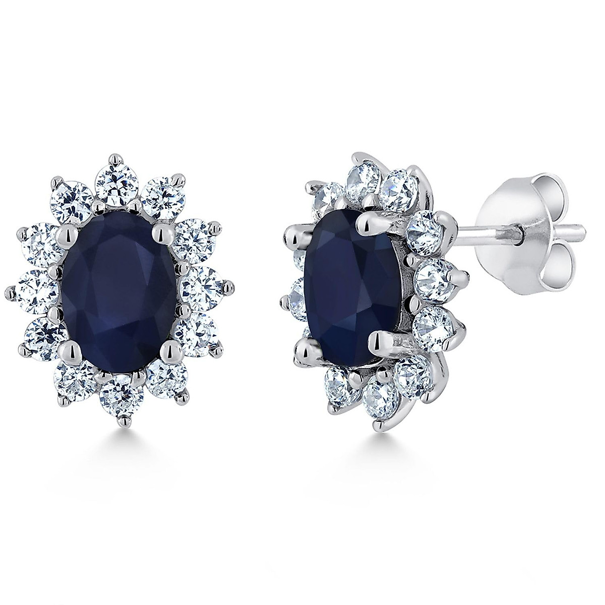 Gem Stone King 925 Sterling Silver Oval 7X5MM Gemstone Birthstone Stud Earrings Princess Diana Royal Halo Style For Women Anniversary Wedding Birthday