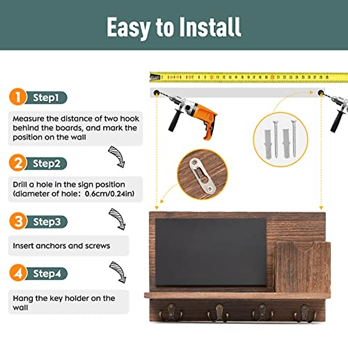 NUKied Key Holder for Wall Decorative, Mail Organizer Wall Mount with 4 Double Key Hooks and Message Board, Rustic Wooden Key and Mail Holder for Wall, Home Decor for Entryway, Hallway, Brown