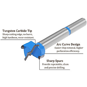 Kozelo Forstner Drill Bit - [15mm] Tungsten Carbide Auger Opener for Wood Furniture Hinge Woodworking Use, Round Shank, Dark Blue