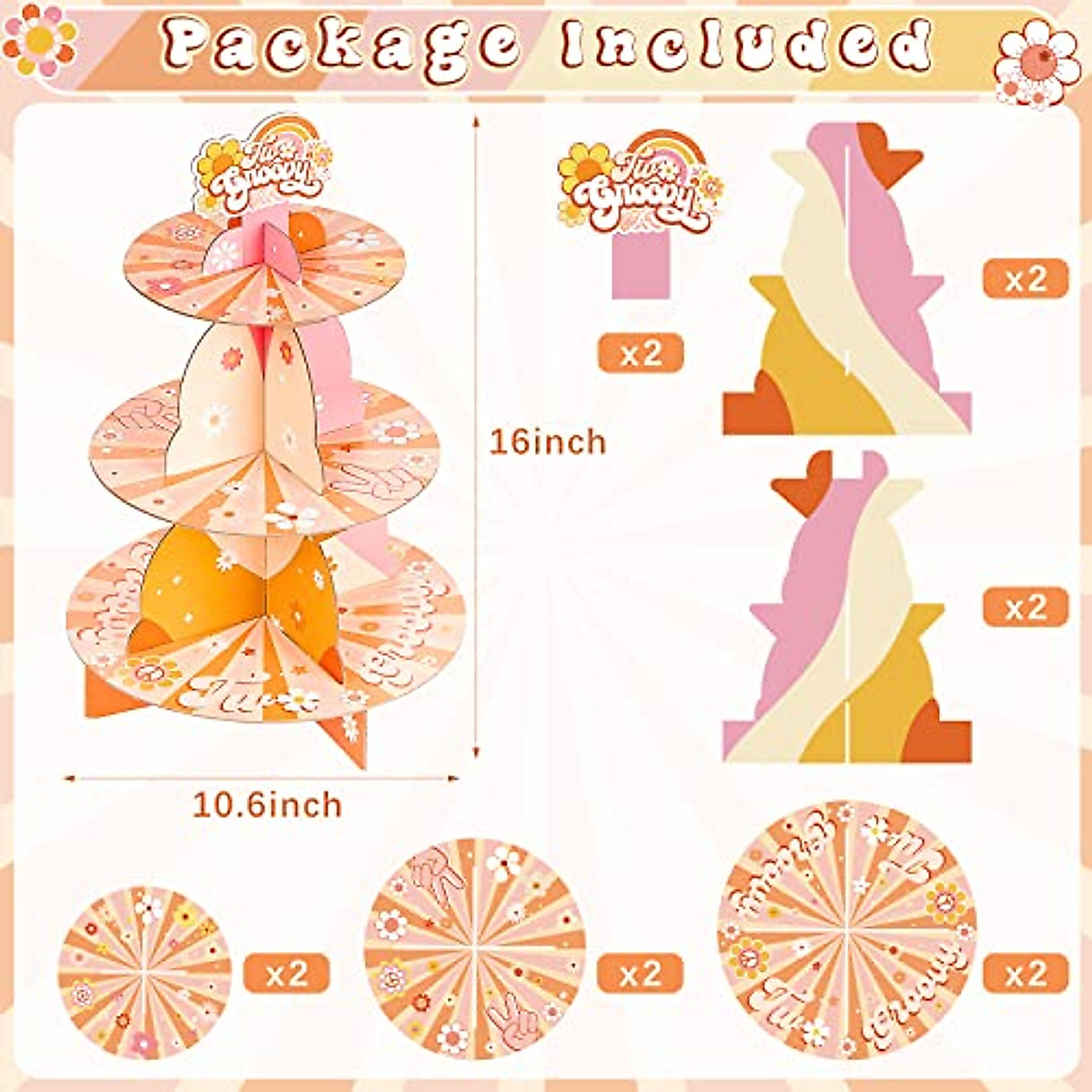 3 Tier Cupcake Stand 13.5Inch Cardboard Two Groovy Cupcake Stand Birthday Cupcake Tower Mini Dessert Stand for Girls Pink and Gold Birthday Baby Shower Party Supplies(1)