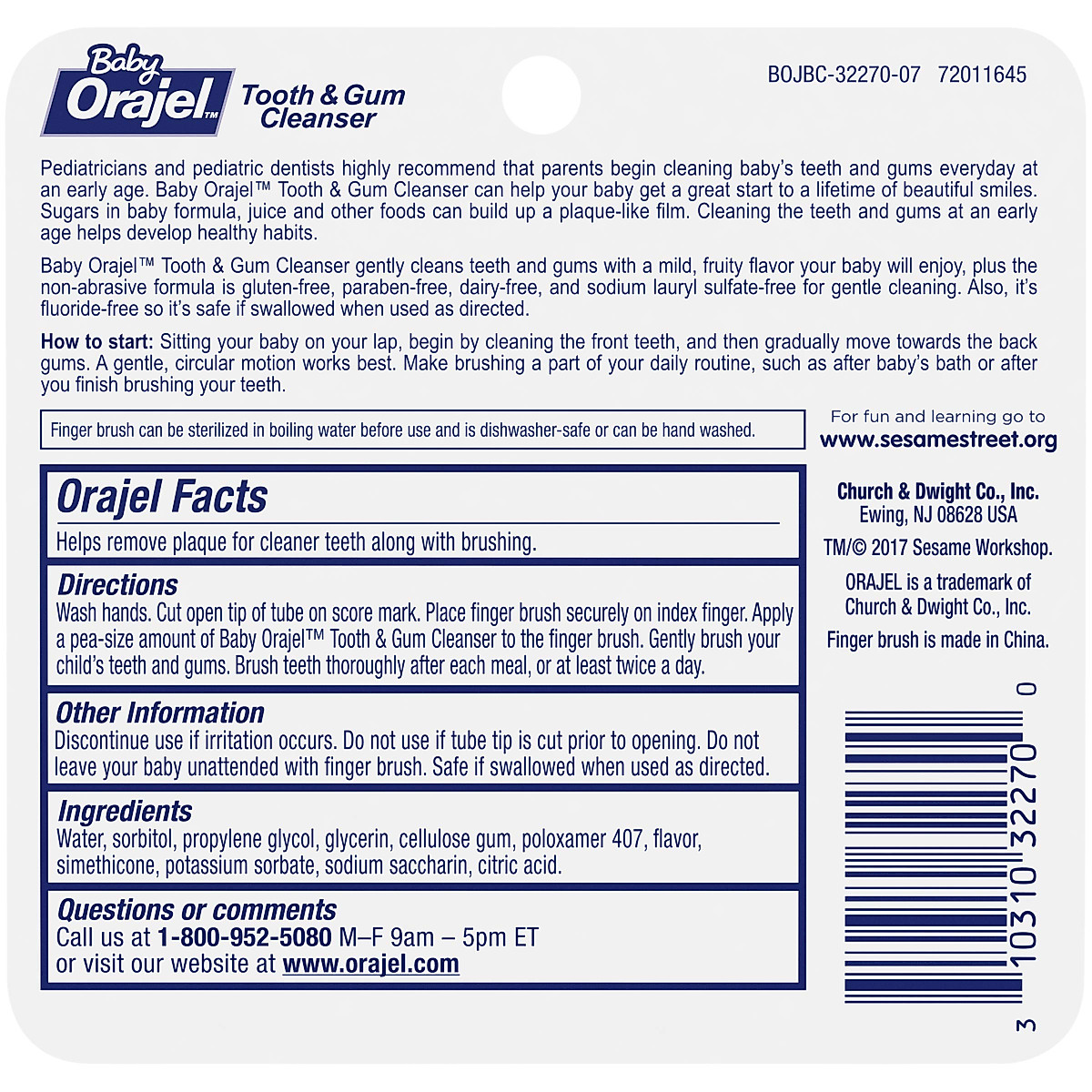 Orajel Elmo Fluoride-Free Tooth & Gum Cleanser with Finger Brush, Combo Pack, Fruity Fun Flavored Non-Fluoride, 0.7 oz.