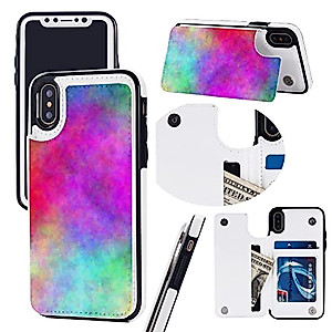 Abstract Rainbow Watercolor Wallet Phone Cases Fashion Leather Design Protective Shell Shockproof Cover Compatible with iPhone X/XS