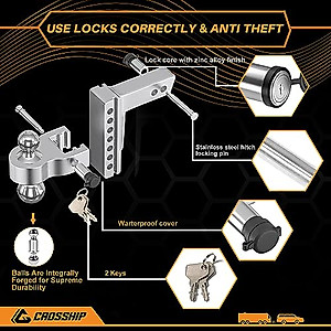 CROSSHIP Adjustable Trailer Hitch Ball Mount-Fit 2" Receiver, 6 Inch Drop/Rise Aluminum Drop Hitch with 2'' & 2-5/16'' Solid Dual Balls 12,500 LBS GTW-Tow Hitch for Heavy Duty Truck with Double Locks