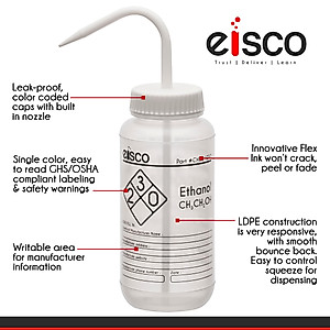 EISCO Wash Bottle for Ethanol, 1000ml - Labeled with Chemical Information & Safety Information (1 Color) - Wide Mouth, Self Venting, Low Density Polyethylene Labs
