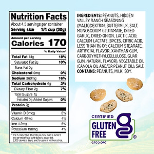 Snak Club Peanuts with Hidden Valley Ranch Seasoning, Roasted Nuts, Gluten-Free and Kosher Snack, 4.5 oz Resealable Bags, 6 Pack