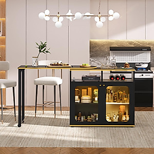 Cyclysio 360° Rotating Bar Cabinet, 59" Home Bar with LED Light & Charging Station, Double-Sided Foldable Liquor Wine Cabinet with Storage for Bar, Liquor, Coffee, Dining, Working, Black