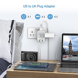2 Pack US to UK Plug Adapter, TESSAN Ireland Scotland Type G Power Adapter, 4 American Outlets 3 USB, Travel Adaptor Converter for USA to England London British Hong Kong Irish Kenya Dubai Qatar