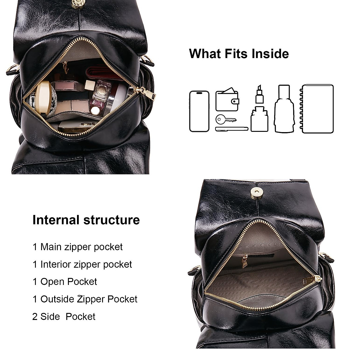 LAORENTOU Black Backpacks Purses for Women Cow Leather Small Casual Daypacks Anti-theft Backpack Convertible Straps