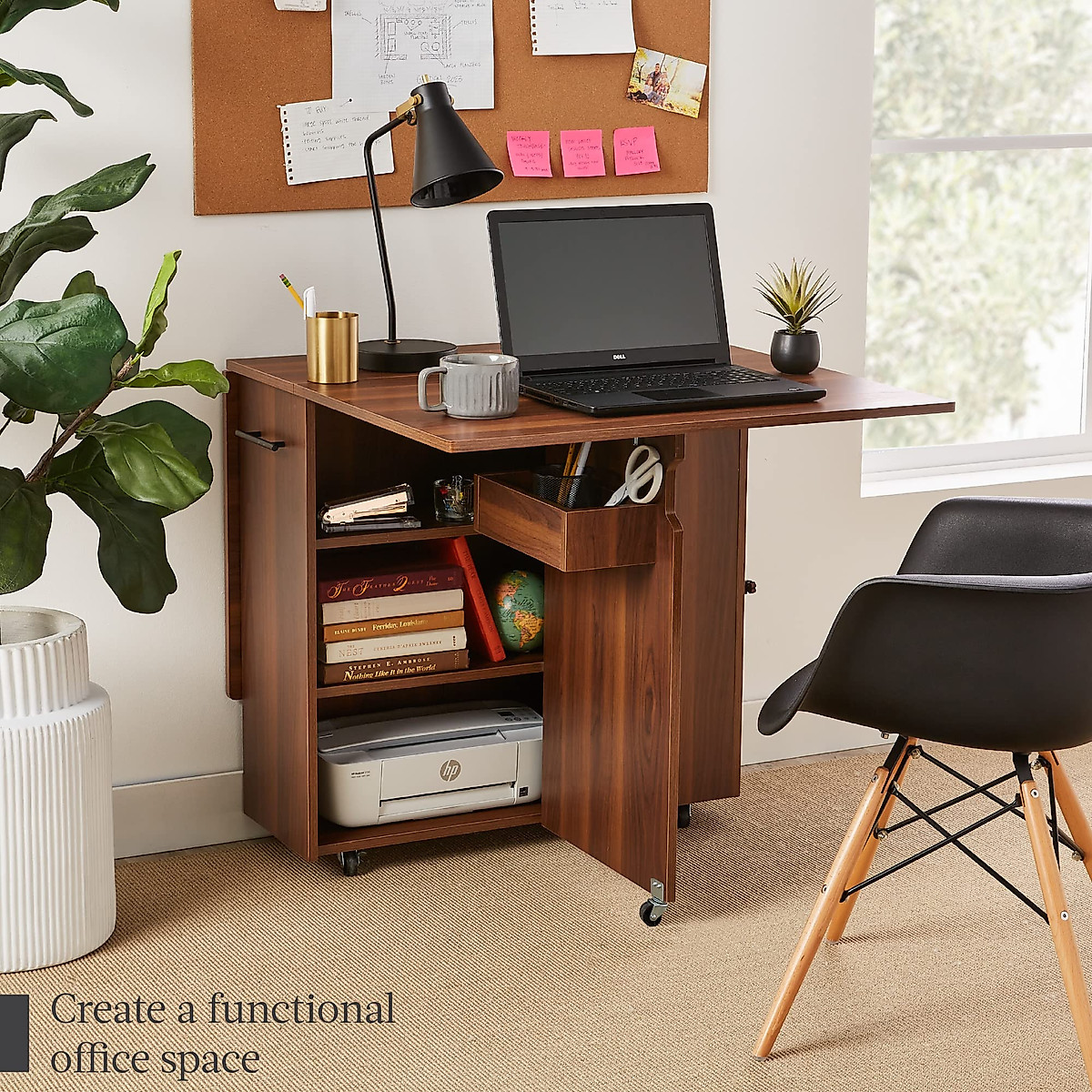 Best Choice Products Folding Dining Table, Multipurpose Space Saving Collapsible Drop Leaf Extension Desk w/Wheels, 3 Storage Shelves - Brown