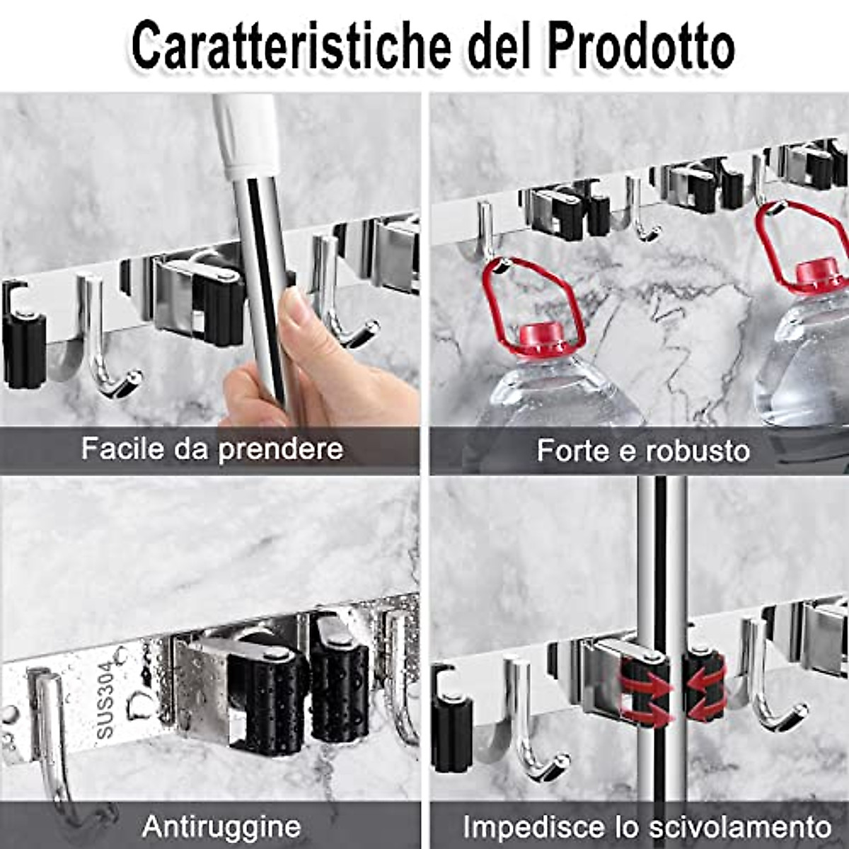 3 Racks and 4 Hooks Broom and Mop Holder Wall Mounted Garage Organizer Storage Tool Racks Stainless Steel Heavy Duty Hooks Self Adhesive Solid Non-slip Wall Hangers for Home Kitchen Garden Laundry