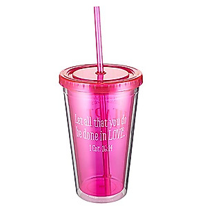 Christian Art Gifts Insulated Teacher Tumbler with Lid & Straw: It Takes a Big Heart to Shape Little Minds - Let All That You Do Be Done in Love - 1 Corinthians 16:14 Bible Verse Cup, Pink, 16 oz.