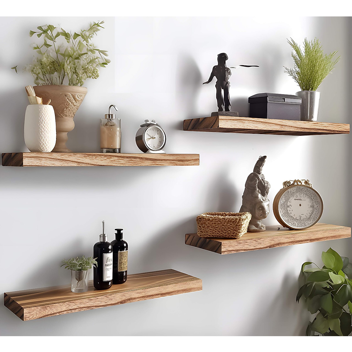 PHPH Wood Floating Shelves for Wall, Wooden Wall Shelves for Bedroom, Set of 6 Light Brown 17 Inch