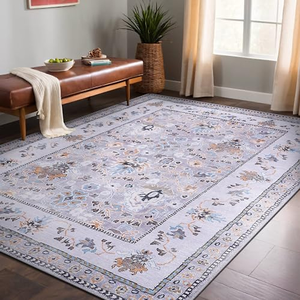 Lena Rug Floral Machine Washable Area Rug 5x7 for Living Room Bedroom Kitchen Dining Room Gray