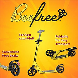 Bee Free 2 Wheel Kick Scooter for Adults and Teens, Adjustable Handlebars, Premium Durable Aluminum Construction, Foldable, Rear Foot Brake and Anti-Shock Suspension, Ages 12+, Up to 200 LBS, Yellow