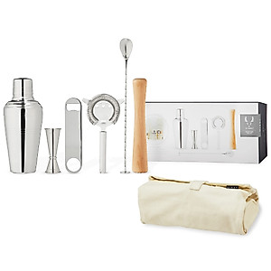 Viski Travel Bartender Kit 6pc Set, Drink Mixers for Cocktails Gift Essentials: Classic Cobbler Shaker, Hawthorne Strainer, Bottle Opener, Jigger, Barspoon, Muddler & Canvas Carry Bag
