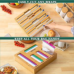 Calmbee Storage Bag Organizer and Wrap Dispenser with Cutter, 9 IN 1 Bamboo Foil and Plastic Wrap Organizer for Kitchen Drawer, Plastic Bag Organizer for Gallon, Quart, Sandwich, Snack