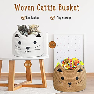 2 Pieces Large Cat Toy Basket Woven Cotton Rope Storage Basket Large Cute Cat Laundry Basket Organizer Animal Design Toy Storage Organizer Baby Hamper Cat Nursery Bins Boxes, White, Brown