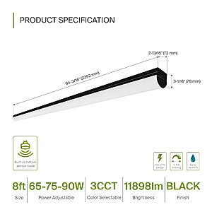 ASD Black 8ft LED Linear Strip Light Fixture with Q-Base | UL DLC 65W-90W 120-277V Linkable LED Shop Light | 3500K-5000K Adjustable Dimmable Office & Workshop Commercial Ceiling Light Fixture