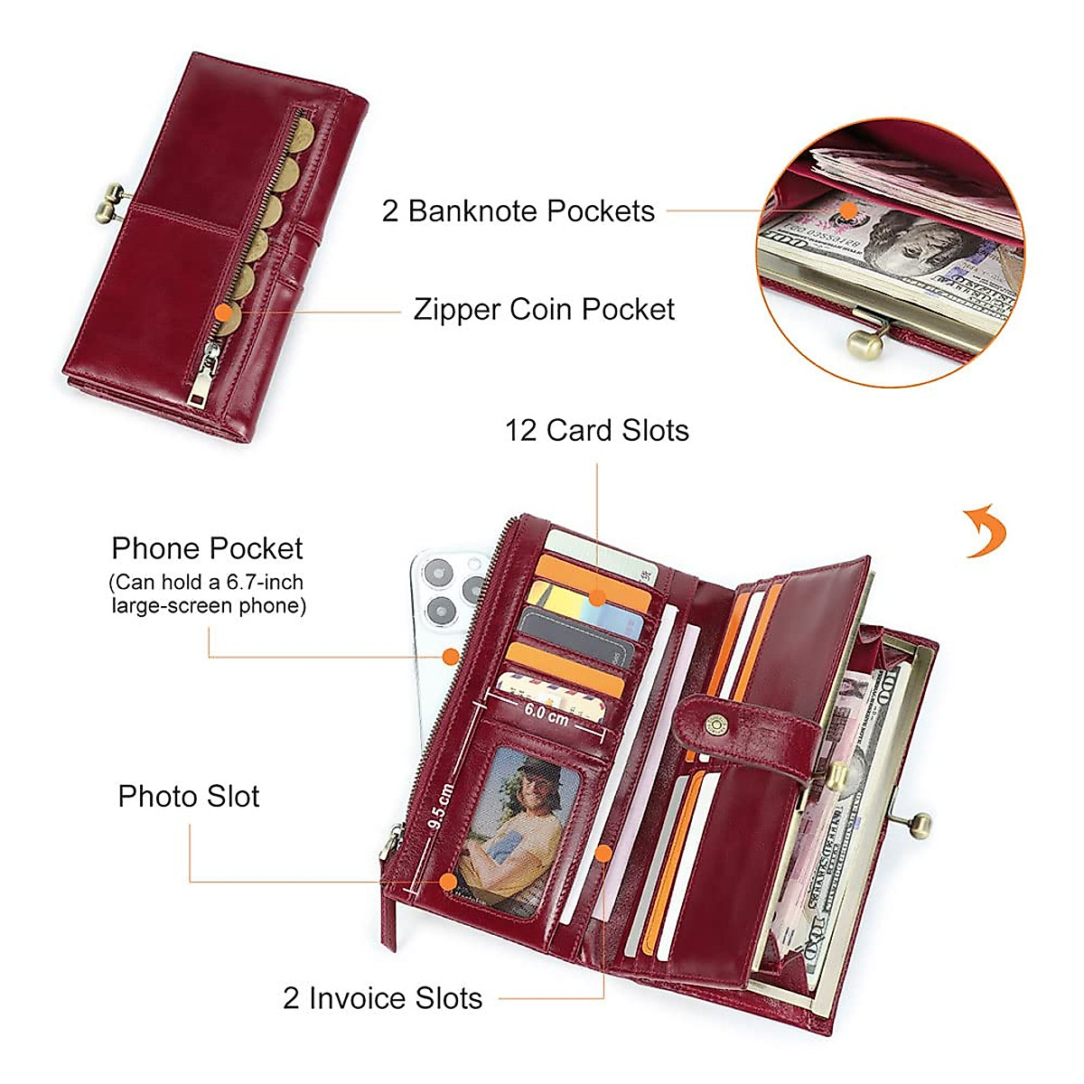 Contacts Kiss Lock Wallet for Women Leather, Kiss Clasp Wallet Coin Card Purse RFID Clutch Wallet Zipper Red Vintage Phone Holder