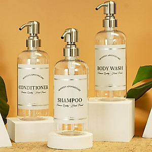 Clear Refillable Shampoo and Conditioner Bottles - Body Wash, Shampoo and Conditioner Dispenser - PET Plastic Shampoo Bottles Refillable with Pump - Waterproof Labels - 16 oz, 3 Pack (Stainless Steel)