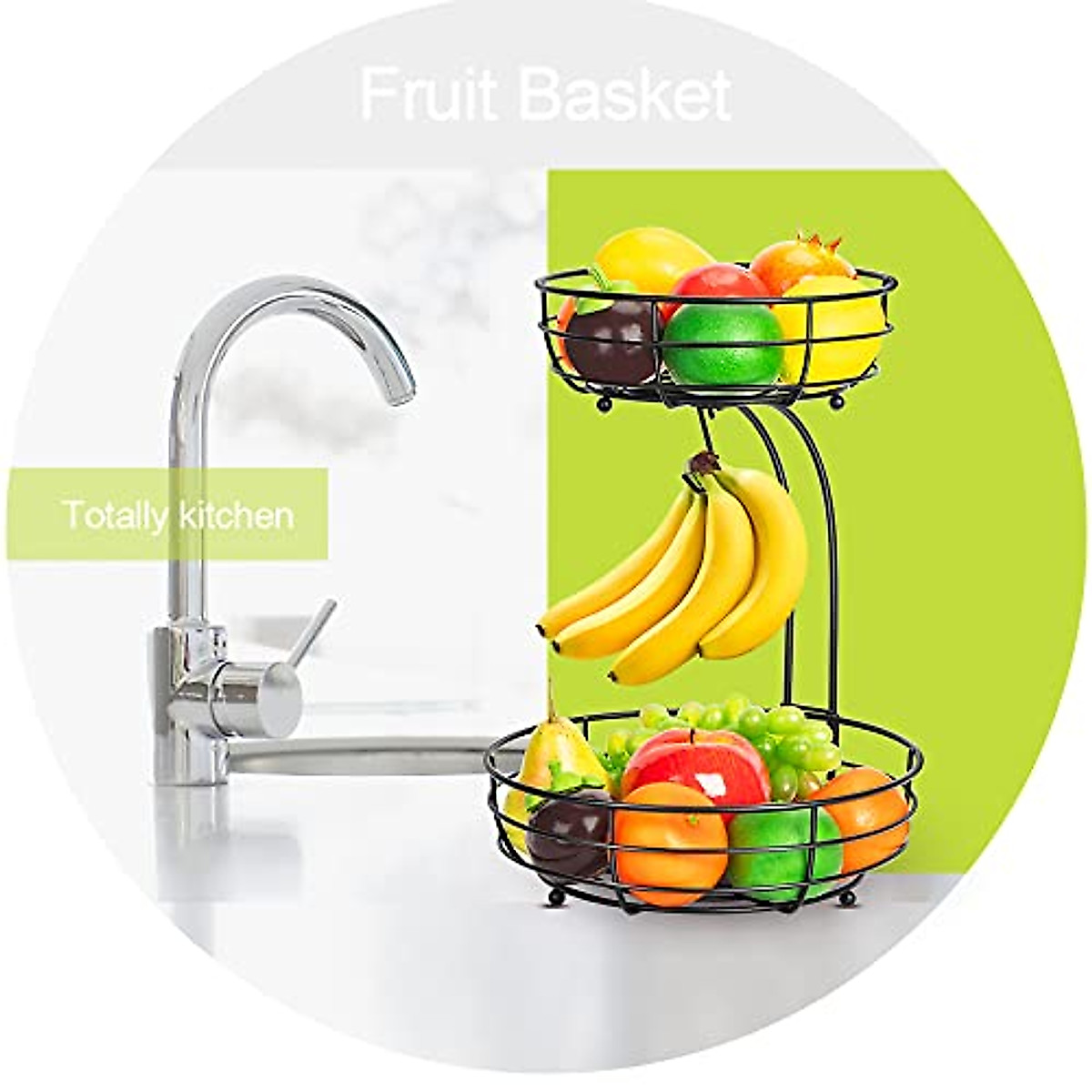 Kufutee 2-Tier Countertop Fruit Basket Bowl With Banana Hanger, Black 64 ounces