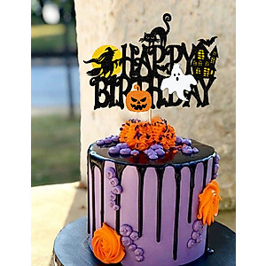Halloween Cake Topper Glitter Halloween Birthday Cake Toppers Decorations for Boys Girls Spooky Cat Witch Ghost Castle Pumpkin Halloween Happy Birthday Party Decoration Supplies