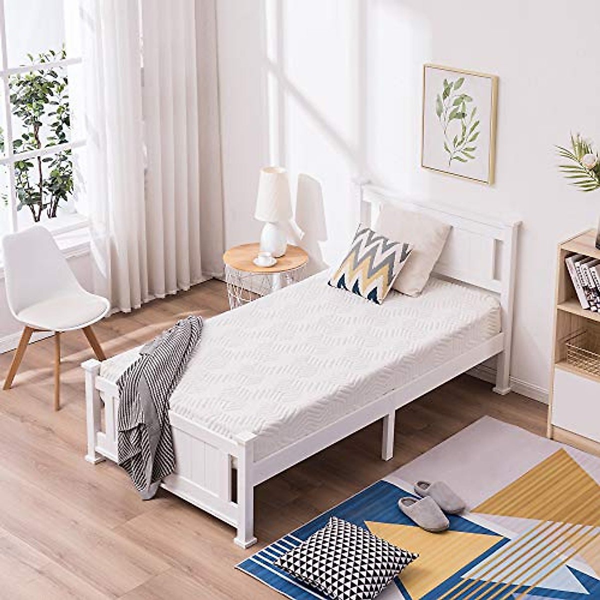 Bonnlo White Twin Bed Frame with Headboard,Modern Wood Bed Single Bed for Adults, No Box Spring Needed Panel Bed, Wood Slat Support Mattress Foundation