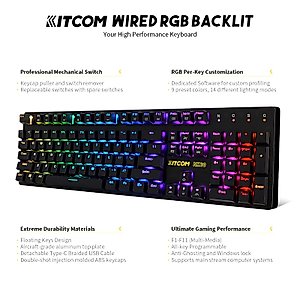 PC Gaming Keyboards RGB Backlit Mechanical Keyboard ABS keycap Programmable Macro Detachable USB Wired Keyboard for Windows PC（104 Keys Blue Switch