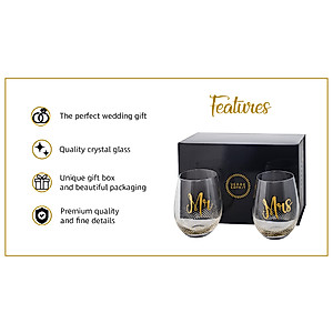 VERRE ESPRIT Mr and Mrs Wine Glasses, Stemless Wedding Glasses for Bride and Groom, Bride and Groom Glasses with Gold Lettering, Mr and Mrs Glasses set of 2, Crystal Wedding Wine Glasses