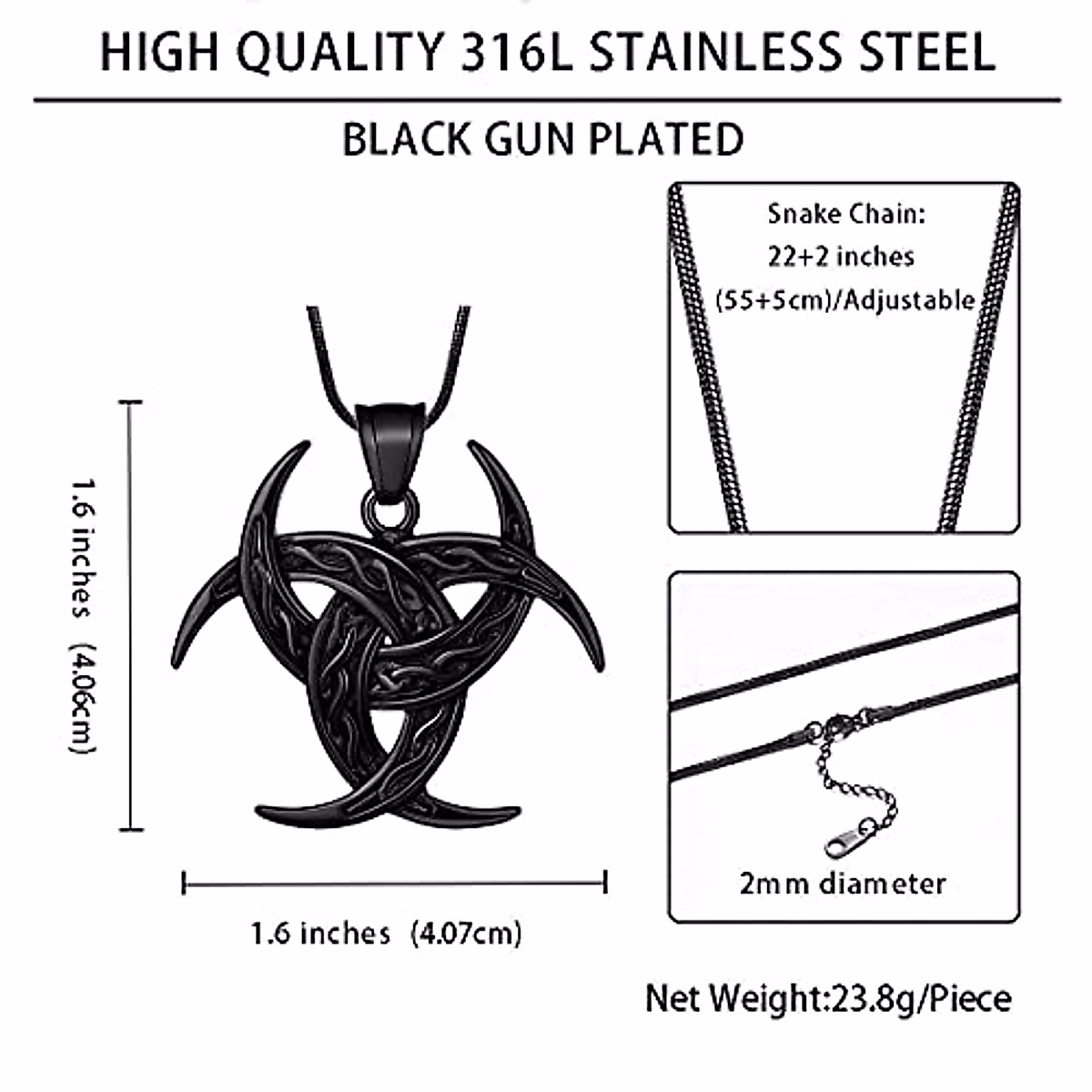 Celtic Knot Necklace Viking Pendant - Norse Mythology Jewelry Triple Odin Horn Crescent Moon Necklace Mens 316L Stainless Steel Triskelion Amulet Pewter Tribal Protection Triskele Jewelry SP0053B