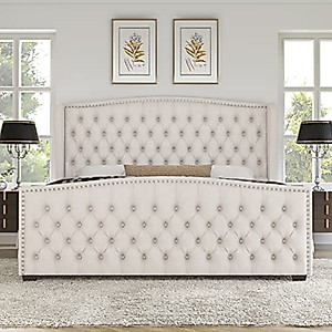 AMERLIFE King Size Platform Bed Frame, Velvet Upholstered Bed with Deep Button Tufted & Nailhead Trim Wingback Headboard/No Box Spring Required/Cream