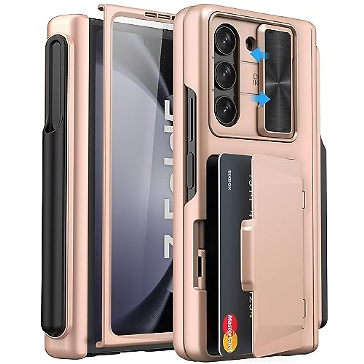 SIXBOX for Galaxy Z Fold 5 Case with Card Holder & Screen Protector & S Pen Holder & Slide Camera Cover & Hinge Protection, Shockproof Wallet Phone Case for Samsung Z Fold 5 2023, Rose Gold