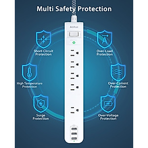 2 Pack Power Strip Surge Protector - 5 Widely Spaced Outlets 3 USB Charging Ports, 1875W/15A with 5Ft Braided Extension Cord, Flat Plug, Overload Surge Protection, Wall Mount for Home Office,White